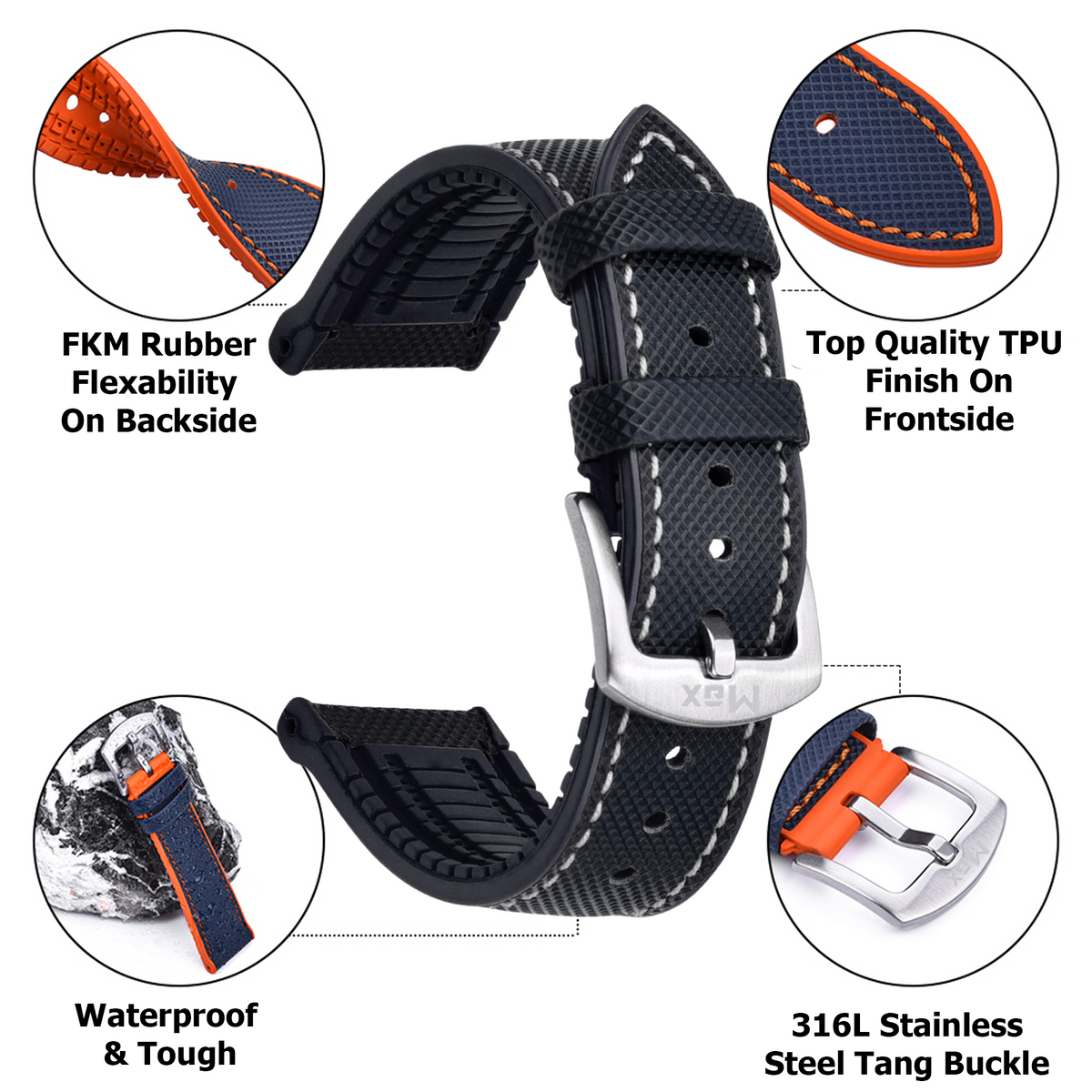 Max Hybrid Watch Strap Black with White Lines – Max Watch Straps